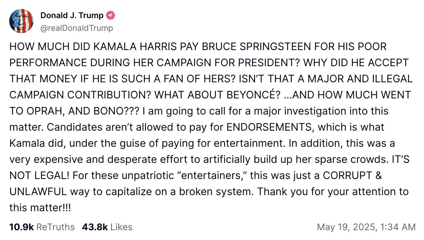 Donald Trump demands "major investigation" into Bruce Springsteen ...