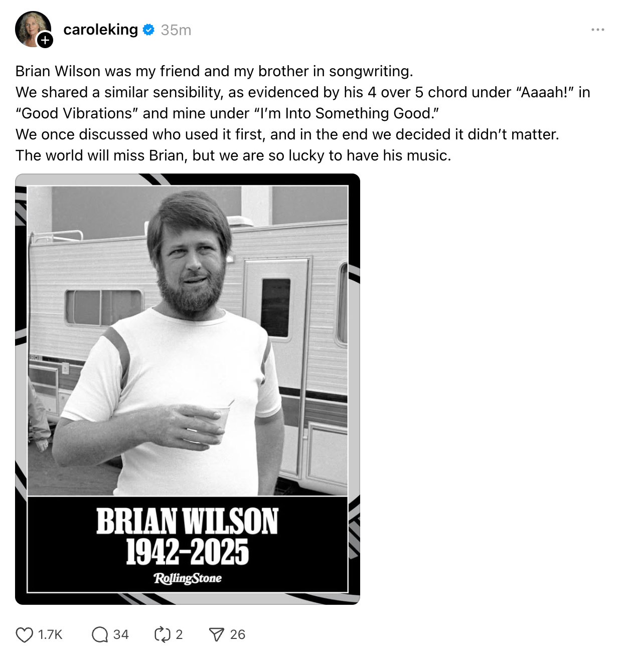Brian Wilson remembered by Carole King, Mick Fleetwood, John Cale, Bob ...